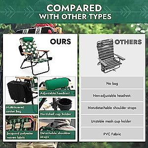 Dowinx Beach Chair with Cooler Bag, Folding Caming Chair with Backpack Straps, High Back 3 Position-Reclining Outdoor Chair Aluminum Frame, Green