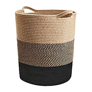 INDRESSME Large Jute Rope Basket - Tall Laundry Basket Hamper for Dirty Clothes Woven Jute Storage Basket for Blanket in Living Room Toy Basket for Nursery Storage, 17.8" x 15.8" x 13.8"