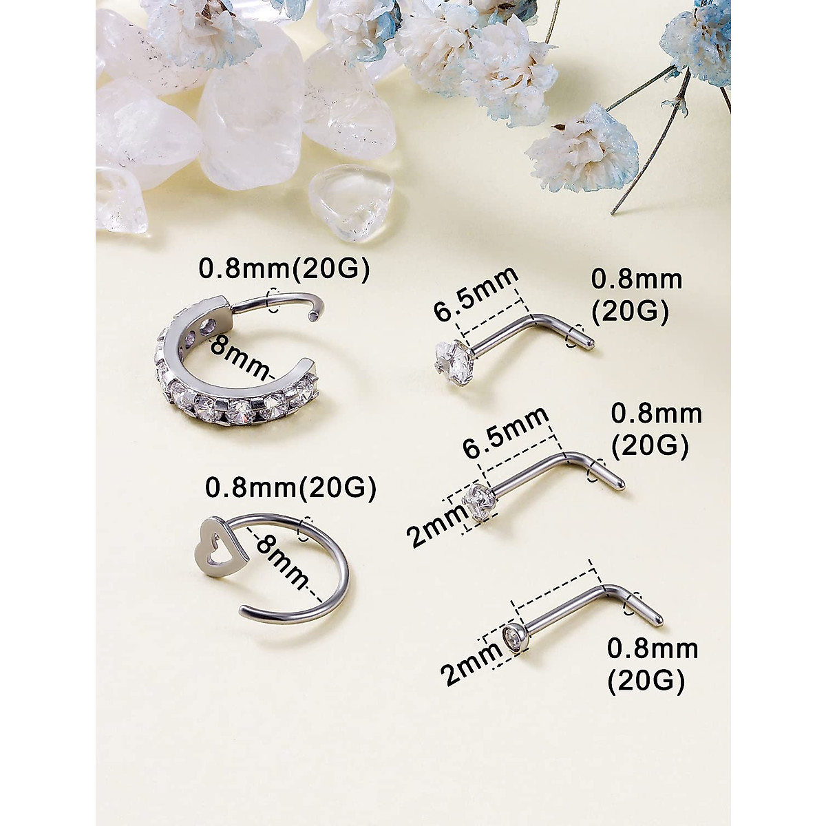 Heienngy 20G Nose Rings Piercing Kit Surgical Stainless Steel Nose Piercing Kit Nose Rings Hoop L Shape Nose Rings Studs 20 Gauge Piercing Needles For Women Men Body Piercing Jewelry Retianer,Silver