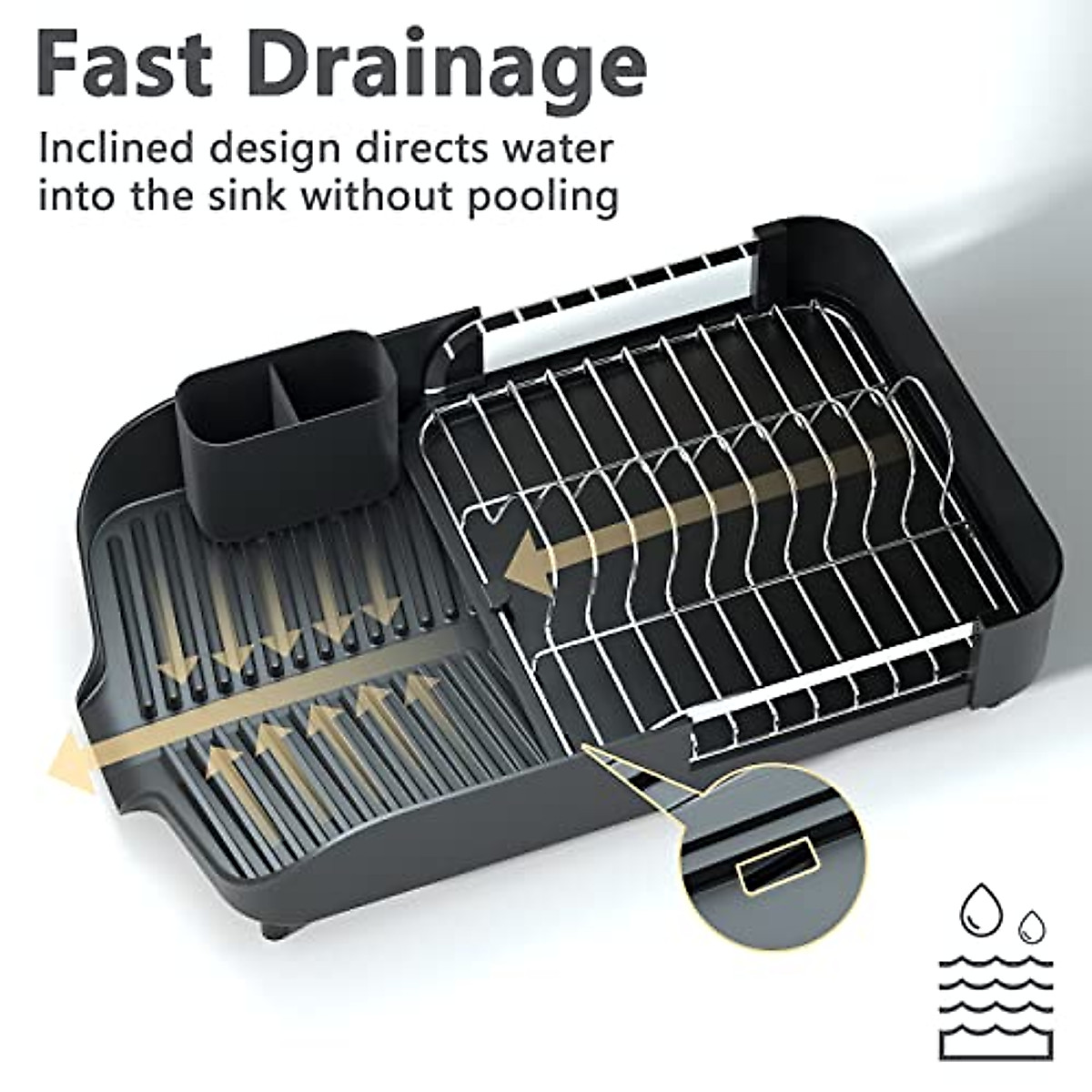 Dish Drying Rack, Expandable Dish Rack for Kitchen Counter(14'' to 20") Auto-Drain Stainless Steel Cutlery Rack and Utensil Holder, Kitchen Dish Drainer Rack - Black