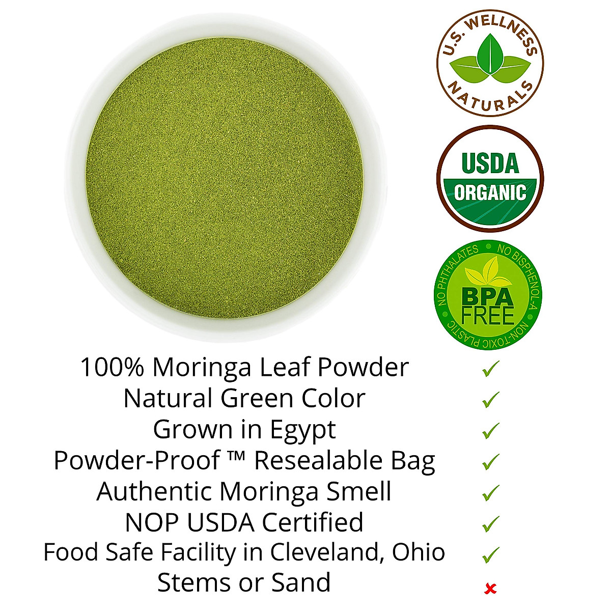 U.S. Wellness Naturals Moringa Powder 1LB (16Oz) 100% Certified Organic| 100% Pure Moringa Leaf NO Stems| - Raw from India | Smoothies | Drinks | Tea | Recipes - Resealable Bag