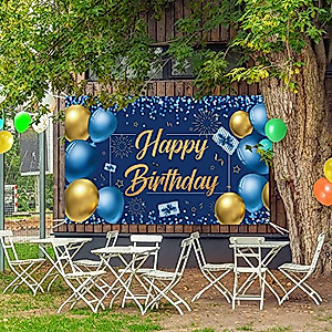 Lovyan Happy Birthday Banner Backdrop Extra Large Fabric Blue Gold Sign Poster Photo Booth Background for Men Women Birthday Anniversary Party Decoration Supplies, 71 x 43.3 Inch (Gift)