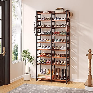 Tribesigns Open Shoe Cabinet, 9-Tier Tall Wooden Shoe Rack with Side Hooks for Entryway, Freestanding 36 Pairs Wood Shoes Storage Shelf Cabinet with Heavy Duty Metal Frame, Black Rustic Brown