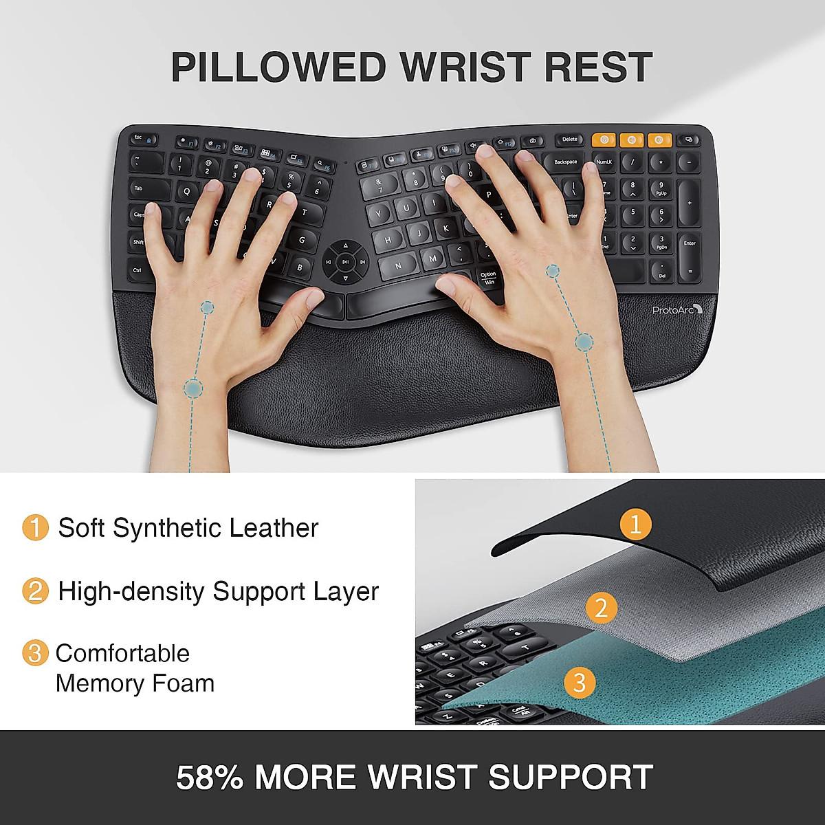 ProtoArc Wireless Ergonomic Keyboard, EK01-NL Ergo Bluetooth Keyboard, Split Design, Palm Rest, Natural Typing, Multi-Device, Rechargeable, Windows/Mac/Android (Basic Version)