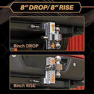 CROSSHIP Adjustable Trailer Hitch Ball Mount-Fit 2.5" Receiver, 8 Inch Drop/Rise Aluminum Drop Hitch with 2'' & 2-5/16'' Solid Dual Balls 18,500 LBS GTW-Tow Hitch for Heavy Duty Truck with Double Lock