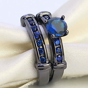 LOVERSRING Couple Ring Bridal Set His Hers Women Black Gold Filled Blue Agate Men Stainless Steel Wedding Ring Band