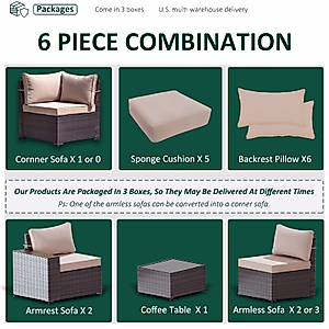 RTDTD Outdoor Patio Furniture Set, 6 Pieces Outdoor Furniture All Weather Patio Sectional Sofa PE Wicker Modular Conversation Sets with Coffee Table,5 Chairs & Seat Clips(Brown)