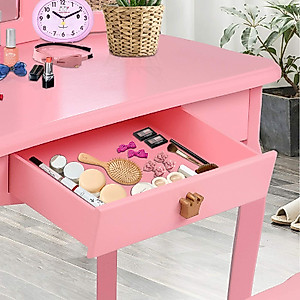 VALUE BOX Kids Vanity Table and Chair Set, 2 in 1 Princess Makeup Dressing Table with Drawer & Tri-Folding Mirror, Child Pretend Beauty Play Vanity Set for Girls