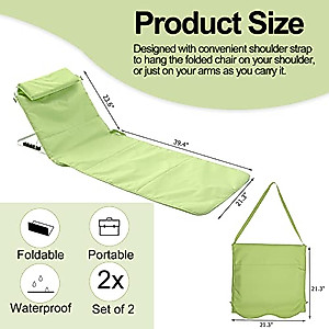 2 Pack Beach Lounge Chairs for Adults with Adjustable Backrest, Folding Lightweight Portable Beach Chairs Loungers Camping Chairs Lawn Chairs for Outdoor Relaxing and Sun Tanning, Green
