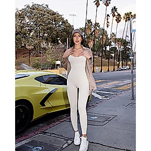 OQQ Women's Ribbed One Piece Tank Top Sleeveless Yoga Exercise Romper JumpSuit, Beige, Small