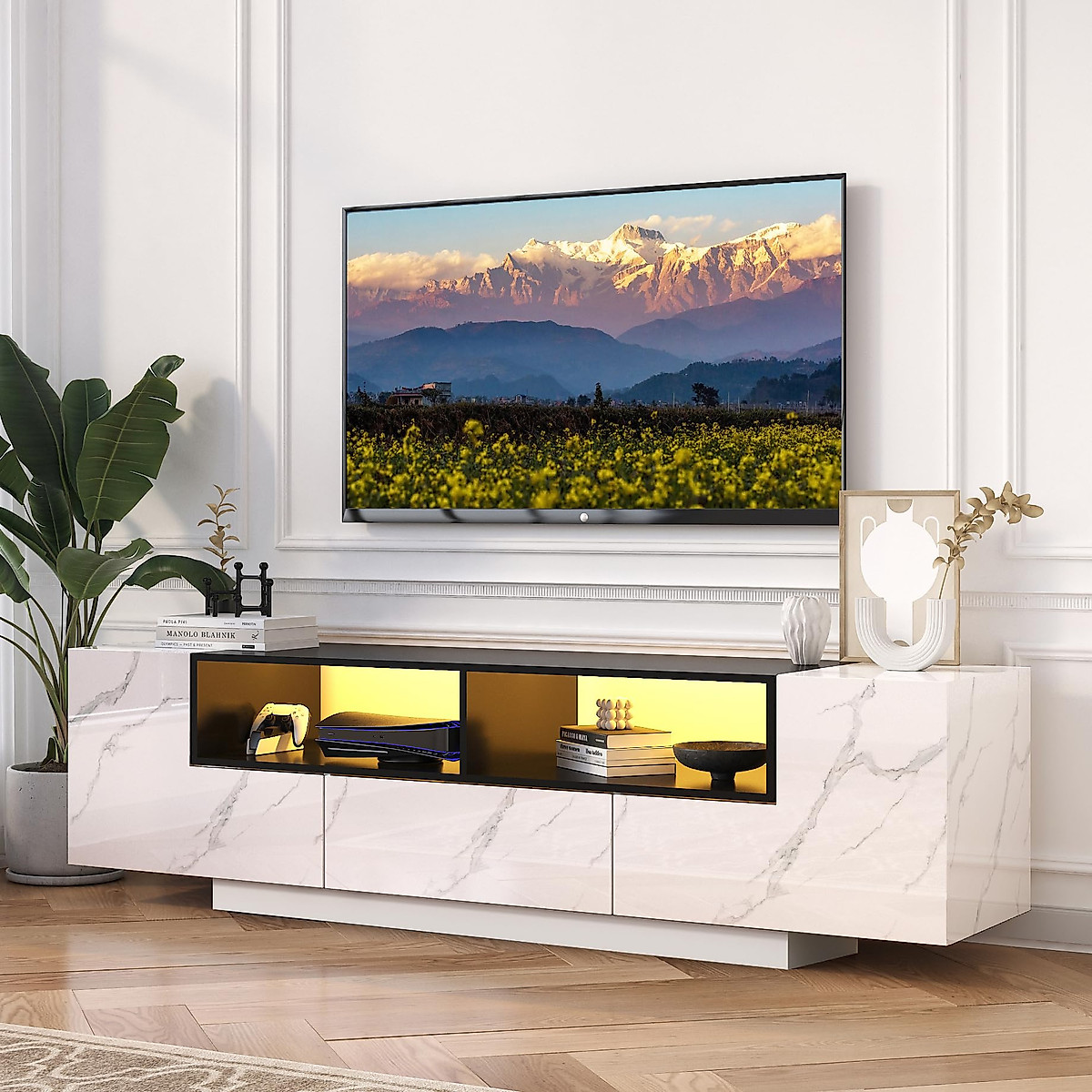 HOMFAMILIA 70in LED TV Stand for 75 Inch TV, Large Gaming Entertainment Center with Storage Cabinets and Open Shelves, Modern TV Console for Living Room, Bedroom(White Marble)