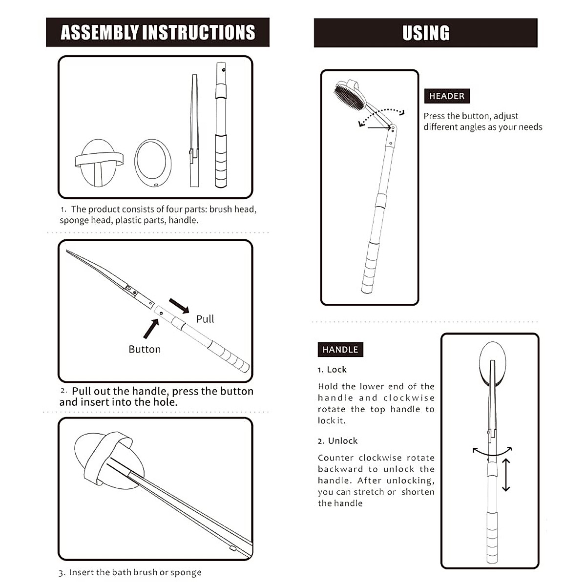EASACE Long Handle Bath Body Brush & Lotion Applicator for Back Scrubber, Shower Brush with Soft Bristles for Wet or Dry