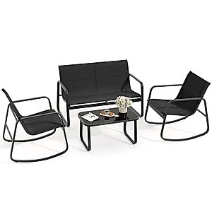 YITAHOME 4 Piece Patio Furniture Set, Small Backyard Bistro Rocking Chairs, Loveseat and Glass Table, Textilene Outdoor Conversation Set for Lawn, Garden, Balcony, Poolside (Black)