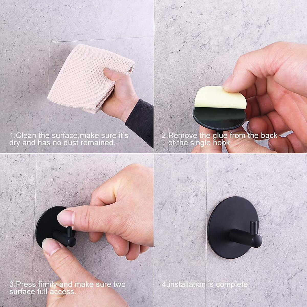 GERZWY Adhesive Hooks Heavy Duty Wall Hooks Stainless Steel Hooks for Hanging Coat, Hat, Towel Robe Hook Rack Wall Mount 4-Packs (Matte Black)