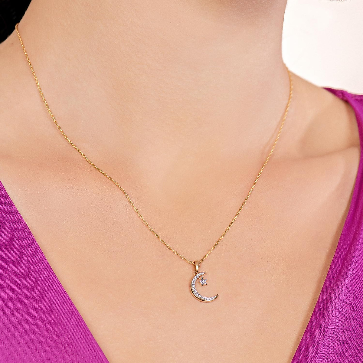 Jewelili 10k Yellow Gold Moon Star Pendant Necklace with Natural White Round Diamonds, 1/10 Cttw, 18" Gold Filled Rope Chain