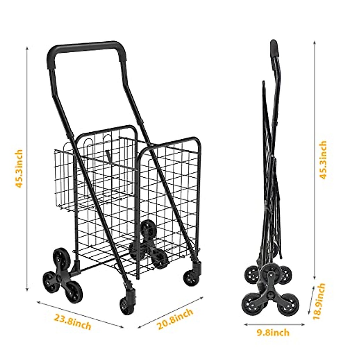 Kiffler Grocery Shopping Cart with 360° Rolling Swivel Wheels Stair Climber Utility Cart Easily Collapsible Cart with Tri-Wheels, 66lb Extended Foam Cover, Trolley for Stair, Laundry, Travel, Book