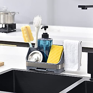 APEXCHASER Sink Caddy Set, Sink Organizer with Soap Dispenser for Kitchen, Stainless Steel Sink Storage with 360°Rotating Dishcloth Drying Rack
