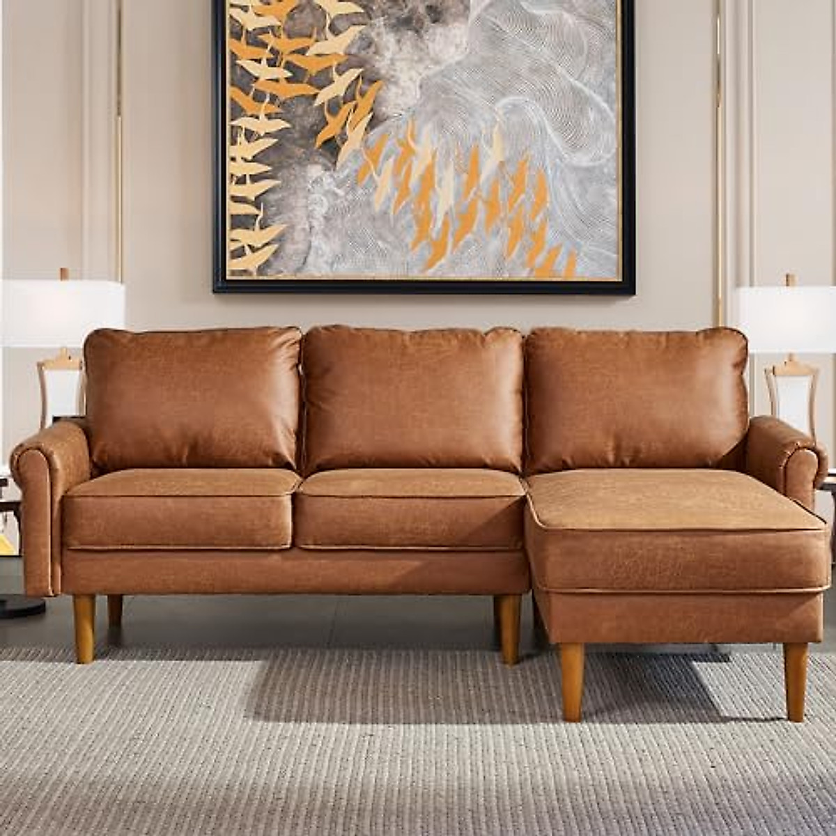 HOOOWOOO 81.51" L Shaped Couch Mid Century Modern Sectional Couch Brown Faux Leather Sofa with Right Chaise 3-Seater Rolled Arms Solid Wood Frame for Living Room Apartment
