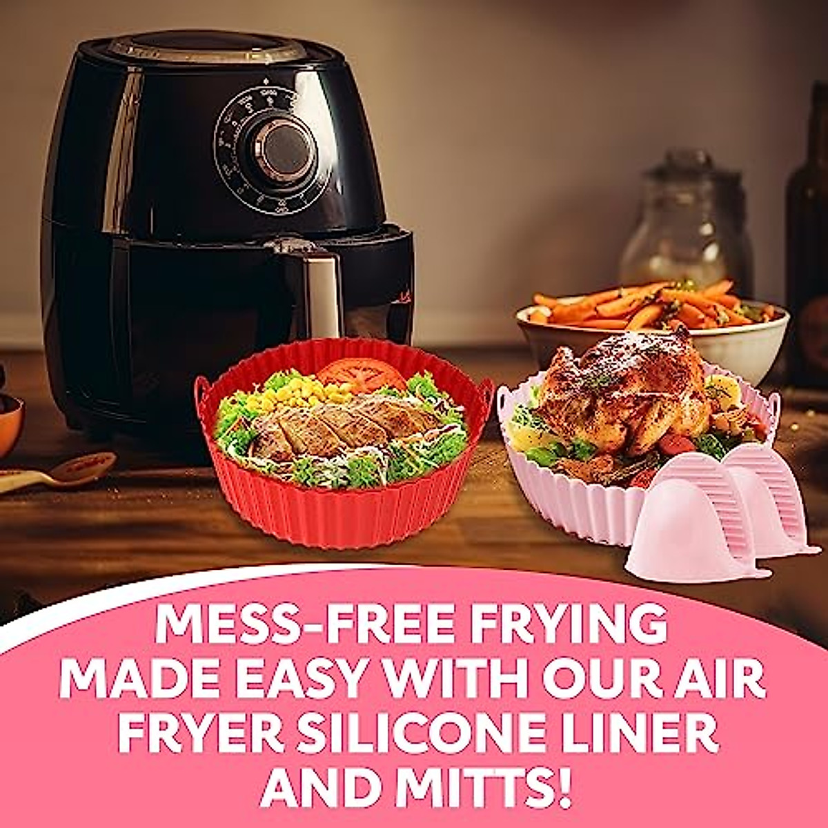 Hashimi Store Upgraded Air Fryer Silicone Liners with Heat Gloves-Pack of 2,Round Shape with Handles-Fit for 3 to 5 QT Air Fryer, Replace Paper with Silicone Air Fryer Liners (Red & Pink)
