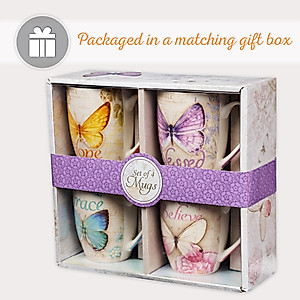 Christian Art Gifts Botanic Butterfly Blessings Coffee/Tea Mug Set w/Scripture Teal Grace Butterfly, Purple Blessed Butterfly, Pink Believe Butterfly, Yellow Hope Butterfly, Microwave/Dishwasher Safe