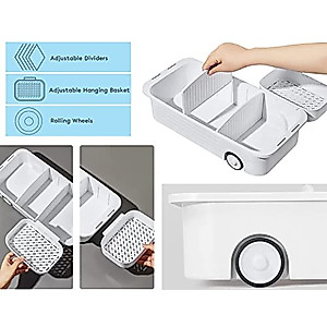 Under Sink Organizer with Wheels, Bathroom Organizer with Dividers & Side Basket, Pull Out Cabinet Organizer for kitchen Storage, Kitchen Pantry Cabinet Medicine Bins, 8" Wide, White