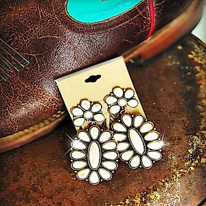 Vintage Boho Statement Drop Earrings Oval Imitate Turquoise Ethnic Charms Flower Dangle Earring for Women Jewelry Gift (white)