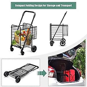 Shopping Cart with Dual Swivel Wheels for Groceries - Compact Folding Portable Cart Saves Space - with Adjustable Handle Height (Black)