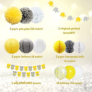JOYMEMO Yellow Grey Elephant Baby Shower Decorations Neutral for Boy or Girl, Welcome Baby Banner Elephant Garland Confetti Balloons for Gender Neutral Baby Decor