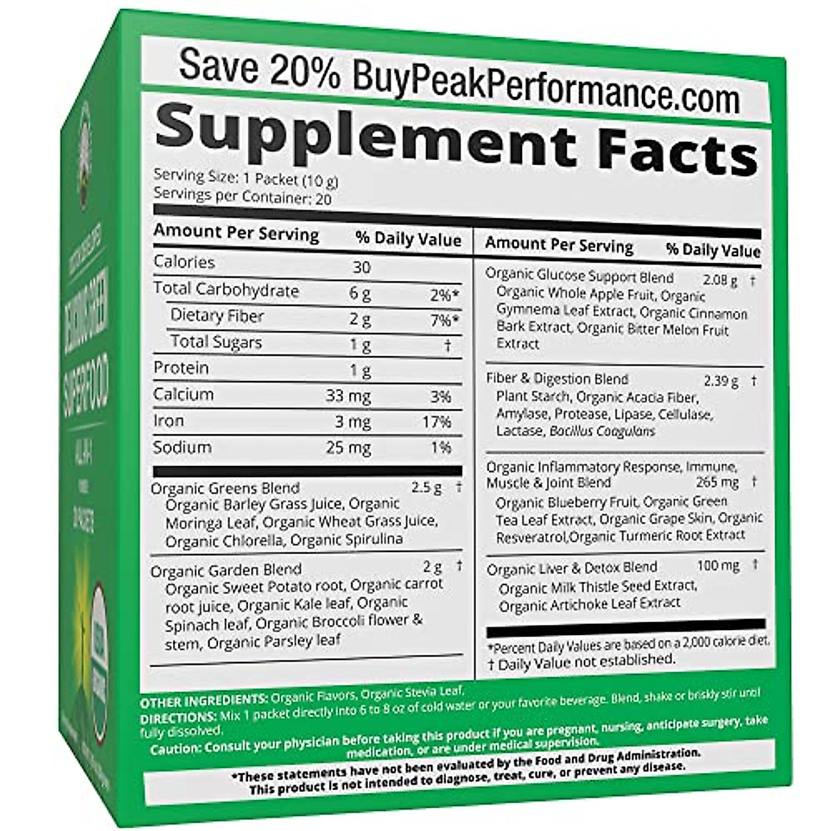 Peak Performance Organic Greens Superfood Powder Single Serve Travel Packets. Best Tasting Organic Green Juice Super Food with 25+ All Natural Ingredients for Max Energy and Detox. (20 Pack)
