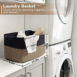 Goodpick Black Woven Rope Basket Set of 3, Shelf Storage Baskets for Books, Towels, clothes, Rectangle Decorative Basket for Living Room, Bedroom, Toy Bin for Nursery