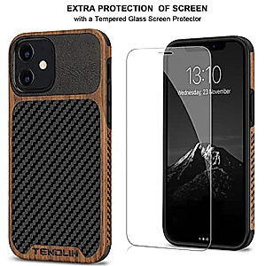 TENDLIN Compatible with iPhone 12 Mini Case Wood Grain with Carbon Fiber Texture Design Leather Hybrid Case