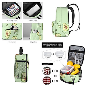Cute Avocado Pattern Backpack 2 Piece Set Unisex Large Capacity Travel Daypack With Insulated Lunch Bag For Boys Girls School Bag
