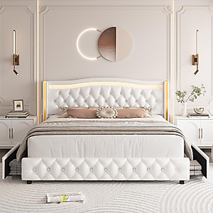 HIFIT Queen Smart LED Platform Bed Frame with 4 Storage Drawers, Crystal Button-Tufted & Stainless Gold Trim Wingback Headboard/Modern PU Upholstered White /No Box Spring Needed/Easy Assembly