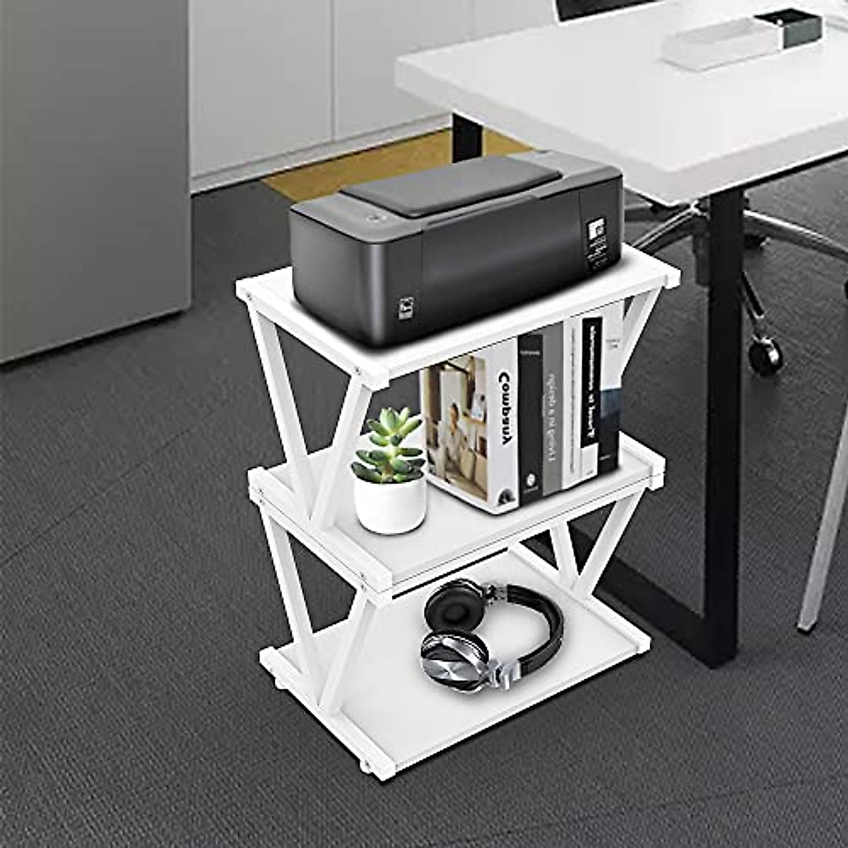 VEDECASA Retro Desktop Printer Stand 2 Double Tiers Wood Printer Shelf Modern White Wood Storage Book Shelf Organizor for Home Office Stylish Sturdy V Shaped (White)