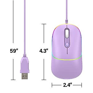FENISIO Wired Mouse, LED Computer Mouse Wired, 4 Adjustable DPI up to 6400 Ultra Silent Mouse, Optical Tracking USB Mouse Soft Rubber Corded Mouse for Laptop PC Windows (Purple)