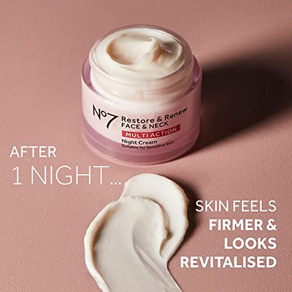 No7 Restore & Renew Multi Action Face & Neck Night Cream - Collagen Peptide Anti Aging Face Cream - Hydrating Hyaluronic Acid Night Cream - Shea Butter + Vitamin E Skin Firming Night Cream (50ml)