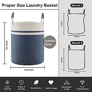 OIAHOMY Laundry Hamper Cotton Rope laundry Basket, 58L Large Woven Clothes Hamper, Collapsible Laundry Baskets with Handles, Nursery Hamper, Storage Clothes Toys in Bedroom, Baby Room (Army Blue)