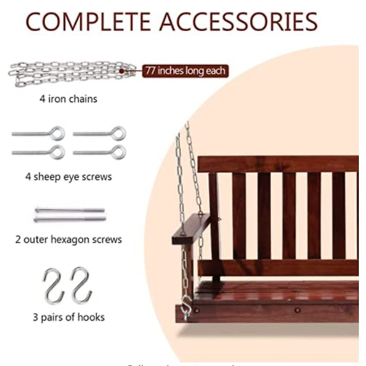 Wooden Porch Swings Outdoor Bench Swing 48inch, 2 Person Seating Hanging Porch Swing Solid Wood Patio Bench for Garden,Yard,Patio,Corrosion Resistant, Heavy Duty 800lb Weight for Adult (Brown)