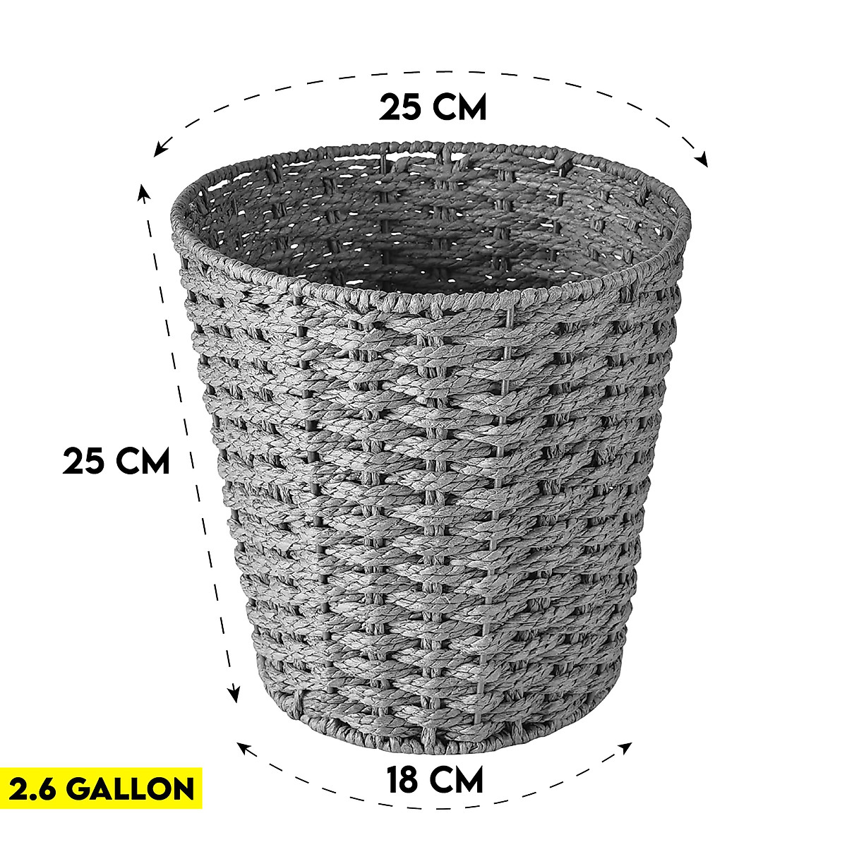 Zuvo Round Wicker Waste Basket Paper Bin - Wicker Trash Basket - Woven Trash Can Rubbish Basket for Bedroom, Bathroom, Offices or Home (Grey)