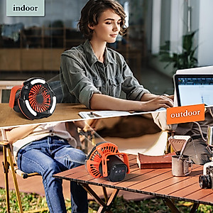 10400mAh Camping Fan with LED Lantern, Battery Operated Powered Fan with Hang Hook, Mobile Power Bank, 180°Head Rotation, Rechargeable Fan Portable for Picnic, Barbecue, Fishing, Travel, Home (Orange)