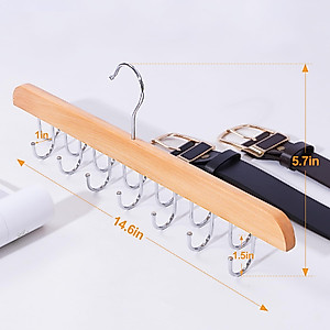 Ftumertly Belt Hanger, Belt Organizer for Closet with 14 Hooks, Wood Belt Tie Rack for Closet 360°Rotating Belt Holder Organizer for Closet Organizers for Tie, Belt, Scarf, Tank Top, Bra - 1 Pack