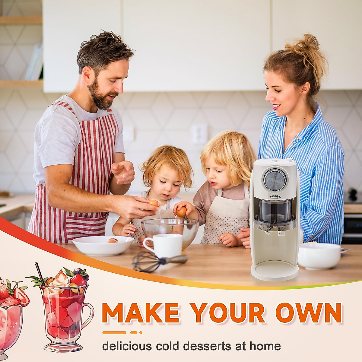 Wanvoapls Shaved Ice Machine - Snow Cone Machine for Homemade Shaved Ice, Snow Cones, Slushie Ice Shaver With Stainless Steel Blade Adjustment Knob, 2 Reusable Ice Mold Cup for snowflakes - White