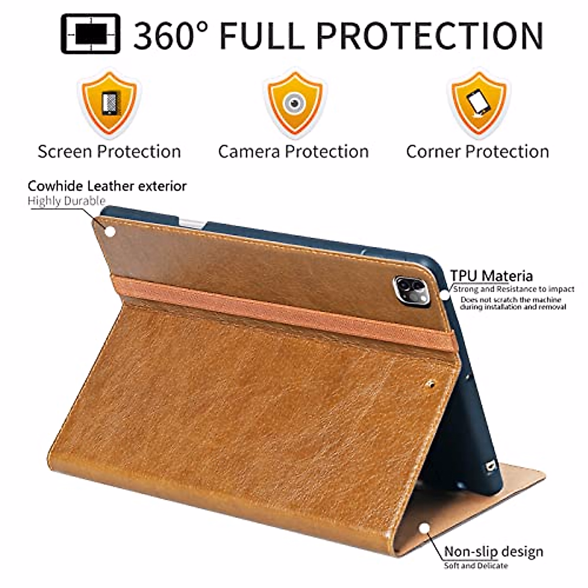 NANRUIL for Ipad Pro 11-inch Case 4th/3rd/2nd/1st Gen Genuine Leather Cover Protective Shell for 2022/2021/2020/2018 with Pocket Strap,Built-in Pencil Holder and Auto Wake/Sleep.Brown