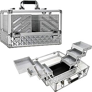 Ver Beauty 3.8mm Armored Acrylic Makeup Case Jewelry Portable Travel Art Craft Tattoo Organizer with 6 Extendable Trays Clear Cover Micro-Fiber Cloth Brush Holders Keylocks, Silver Diamond