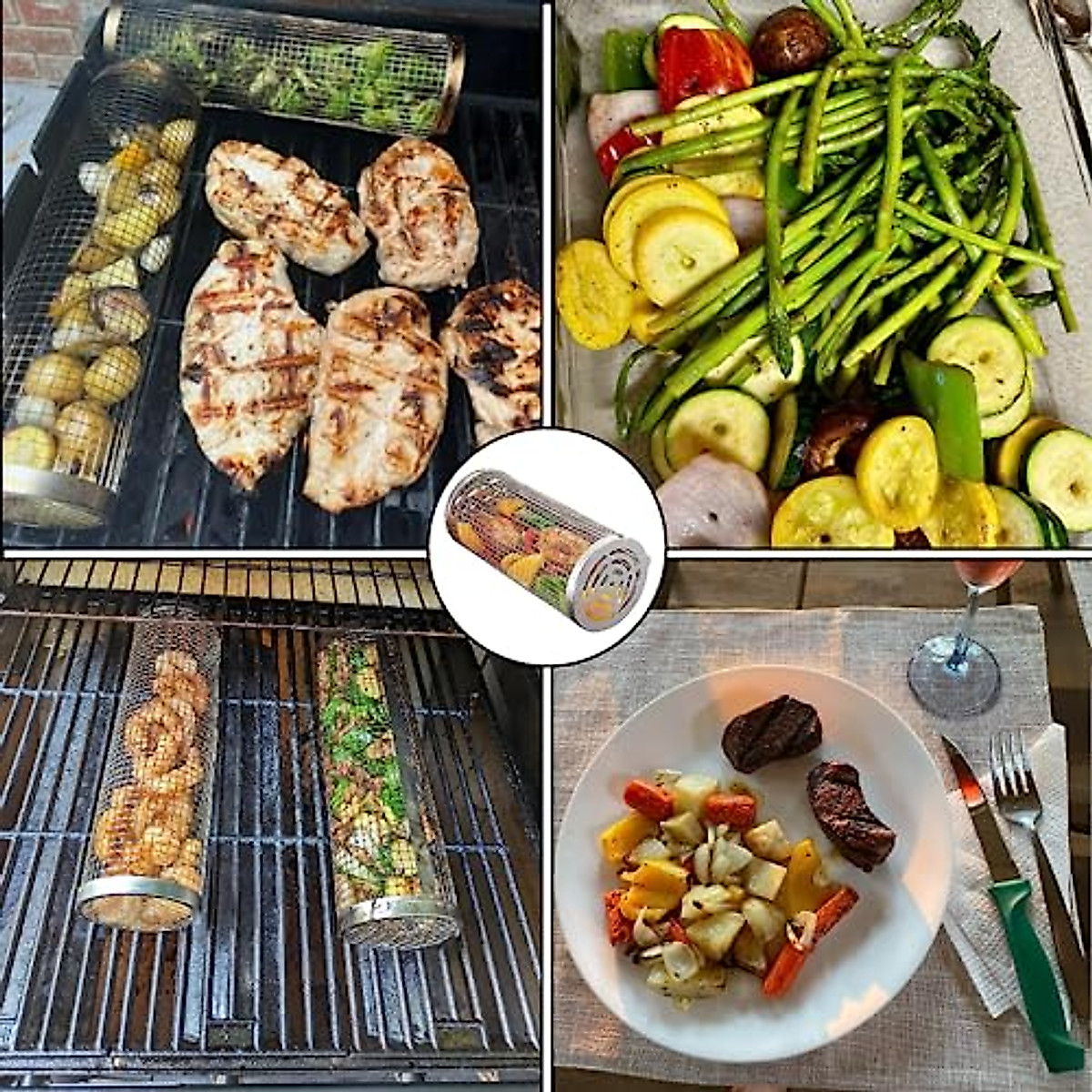 Grill Basket 2 PCS Rolling Grilling Baskets for Outdoor Grilling,Bbq Grill Grilling Basket Cylinder.Barbeque Stainless Steel Accessories for Fish, Shrimp, Meat, Vegetables, Fries (11.8 inch*2)