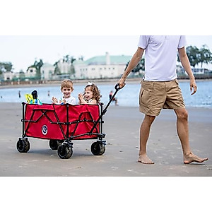 Collapsible Beach Wagon Large 220 lbs Capacity, Heavy Duty 40-inch Folding Wagon Cart with Big All-Terrain Wheels, Second Deck Design with Straps, Outdoor Camping Garden Utility Wagon Yard Beach (Red)