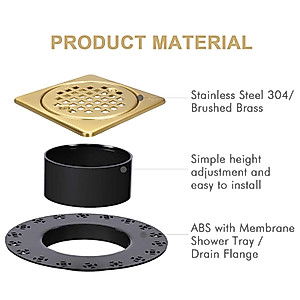 Yaseingoo 4” Drain Grate Kit - Compatible with Schluter Kerdi-Drain Flange - Shower Floor Drain Kit with Adjustable Collar - Removable Square Drain Set - SUS 304 Stainless Steel Grate - Brushed Brass