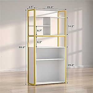 DIRKES White Industrial Bookshelf,6 Tier Tall Bookshelves Wood and Gold Metal Frame Standing Bookcase, Display Book Shelf with Adjustable Storage Shelves for Home Office, Living Room, Bed Room