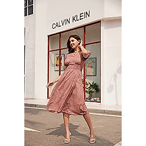 GRACE KARIN Women's Summer Puff Sleeve Flowy Dress 2023 V Neck Smocked Boho Floral A Line Tiered Midi Dresses Orange Pink