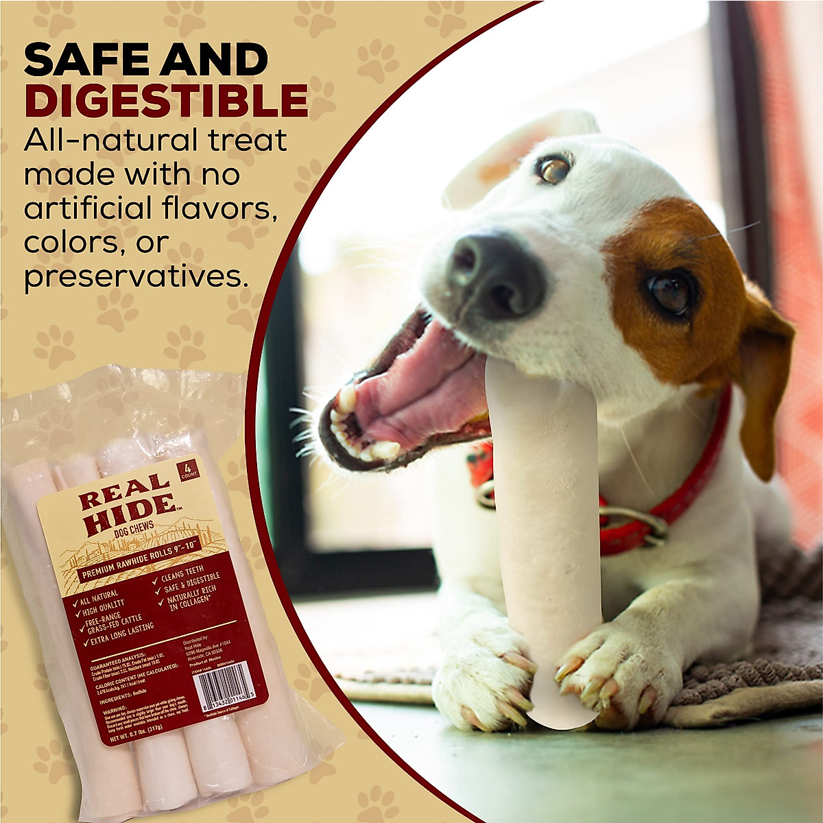 Real Hide | All Natural Dog Chew Treats - Premium Rawhide Rolls, 9-10 Inch - Long Lasting Grass Fed Free Range Beef Hide - Medium/Large Dogs - 4 Count